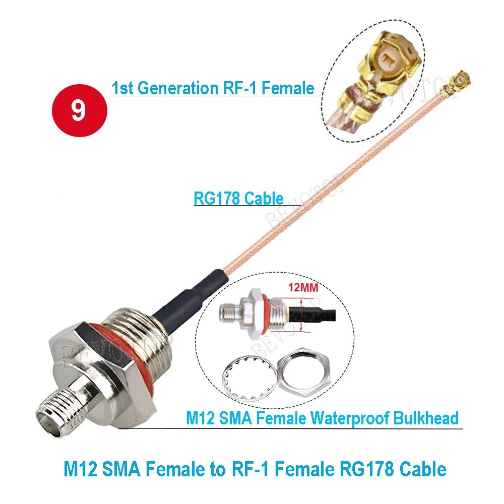 M12 SMA Female to RF-1 Female RG178 Cable, Pins: 5CM