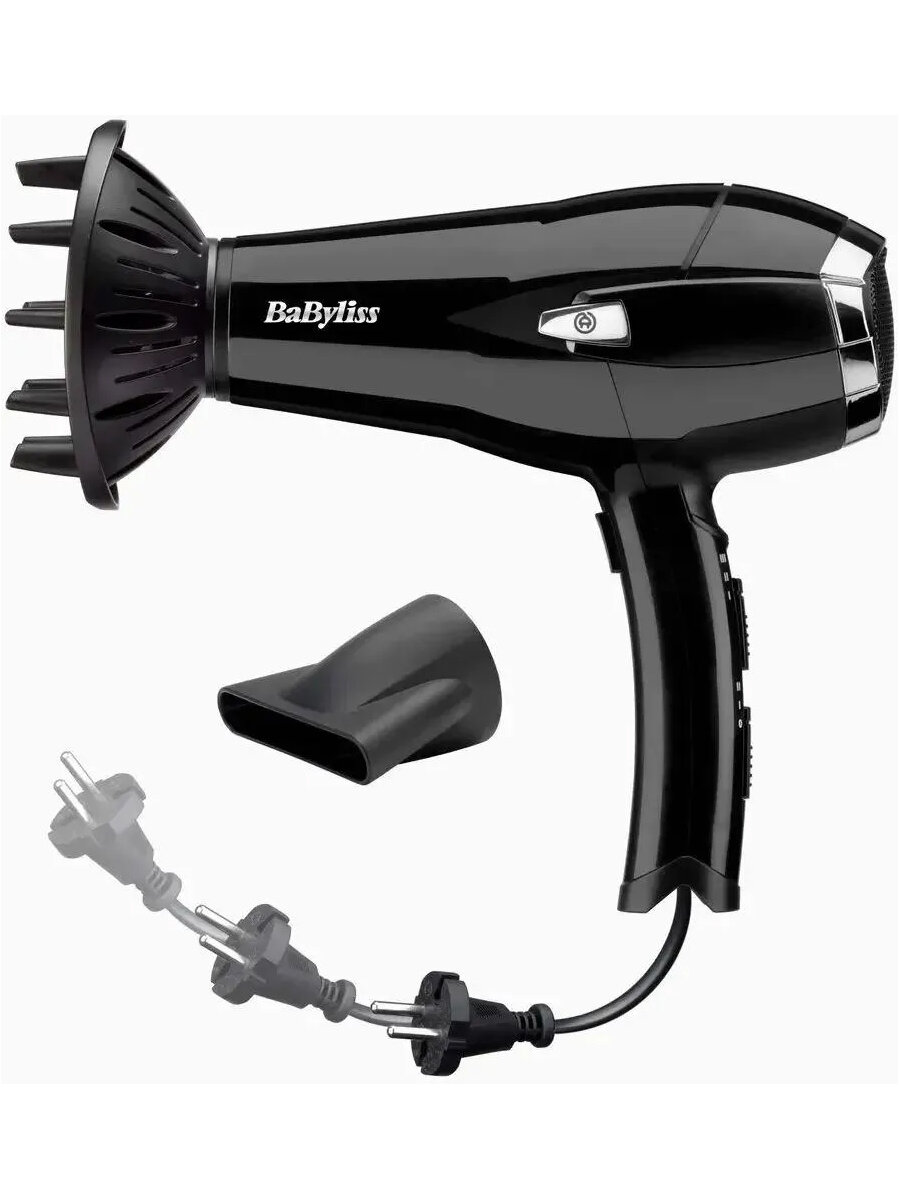 Фен для волос BaByliss D374DE Cordkeeper 2000 со сматывающимся шнуром, мощный с ионизацией 2000 Вт, стайлер для сушки с диффузором и концентратором