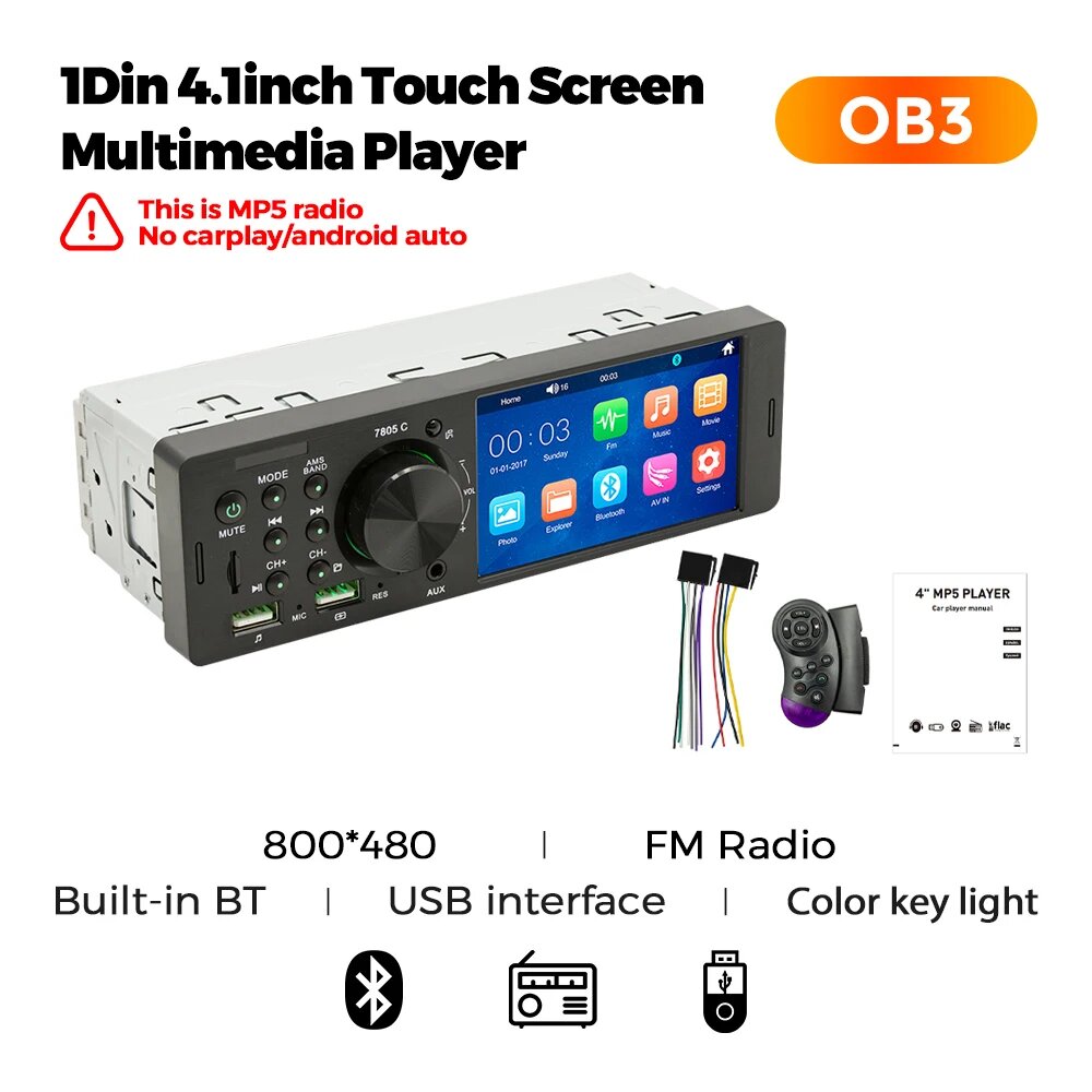 Автомагнитола MEKEDE 1 Din С 4,1-дюймовым Сенсорным Экраном, Поддержкой Carplay, Android Auto, OB3