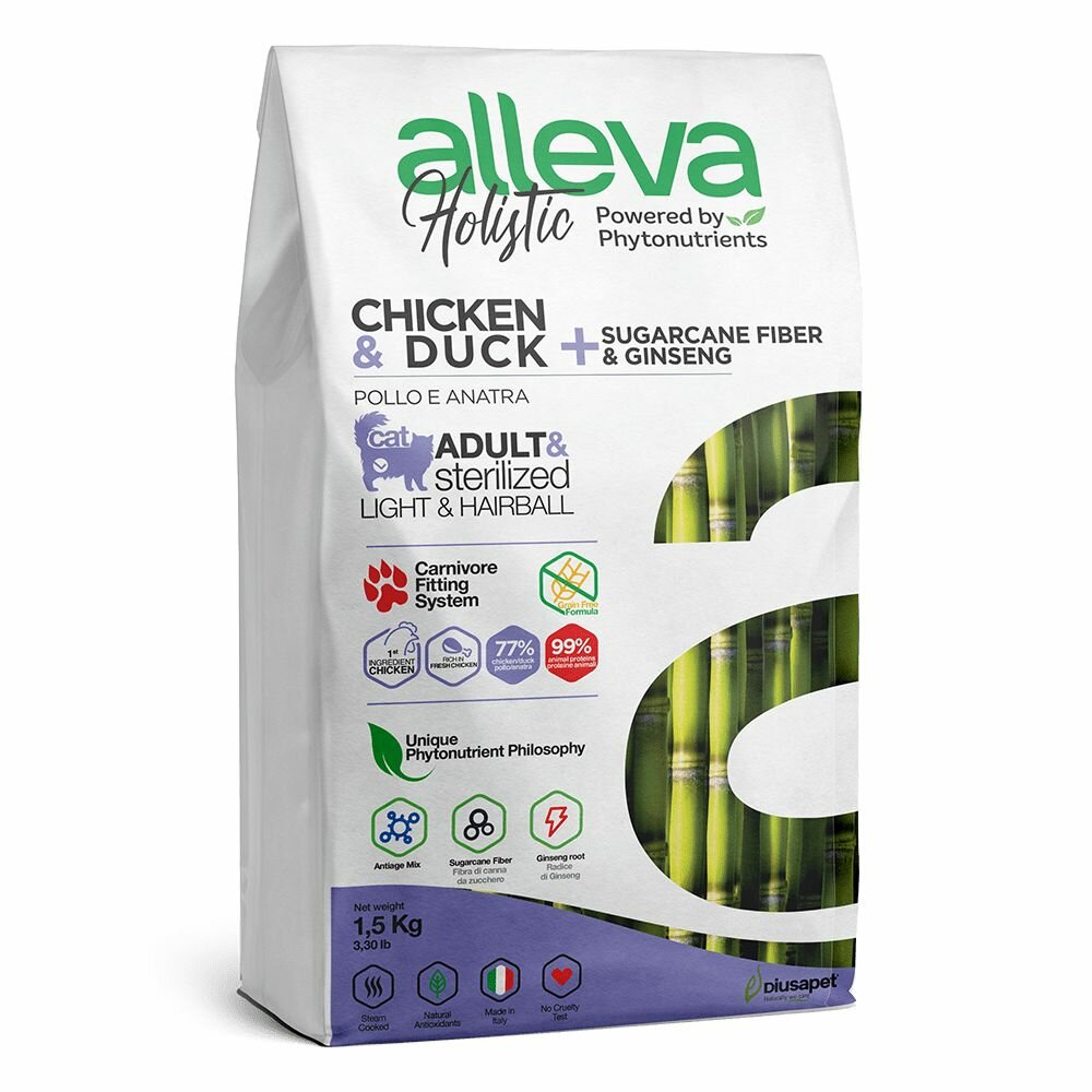 Диуса Пет Корм Alleva Holistic д/кастр. и стер. кошек и котов с курицей и уткой, волокнами сахар. тростника и женьшенем 1,5кг