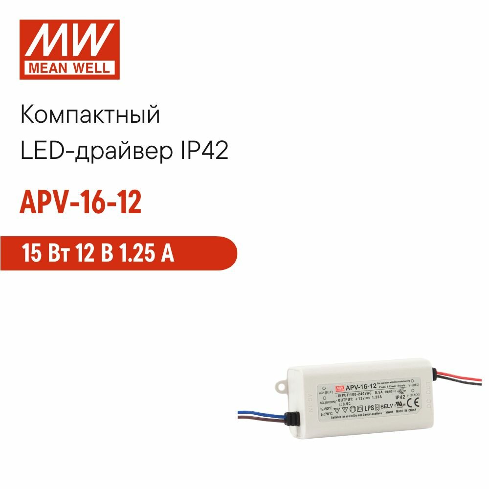 APV-16-12 MEAN WELL, Светодиодный драйвер IP42 15 Вт 12 В 1.25 А
