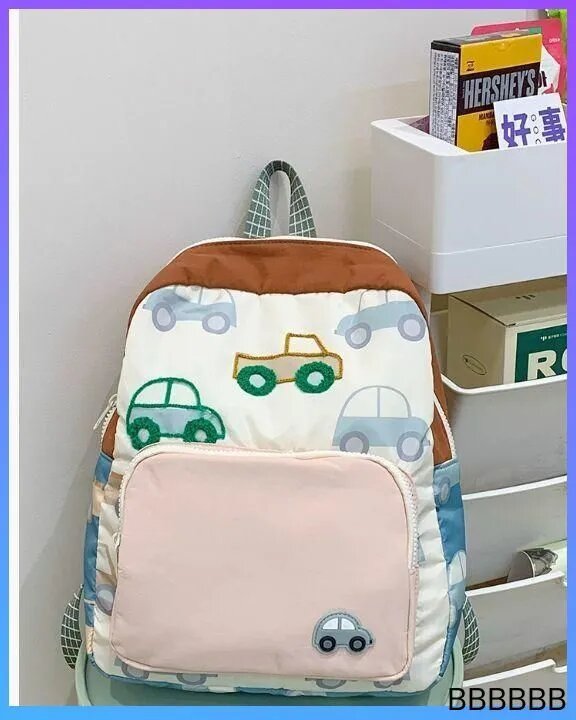 Детский школьный рюкзак с машинками для мальчиков и девочек, бежевый