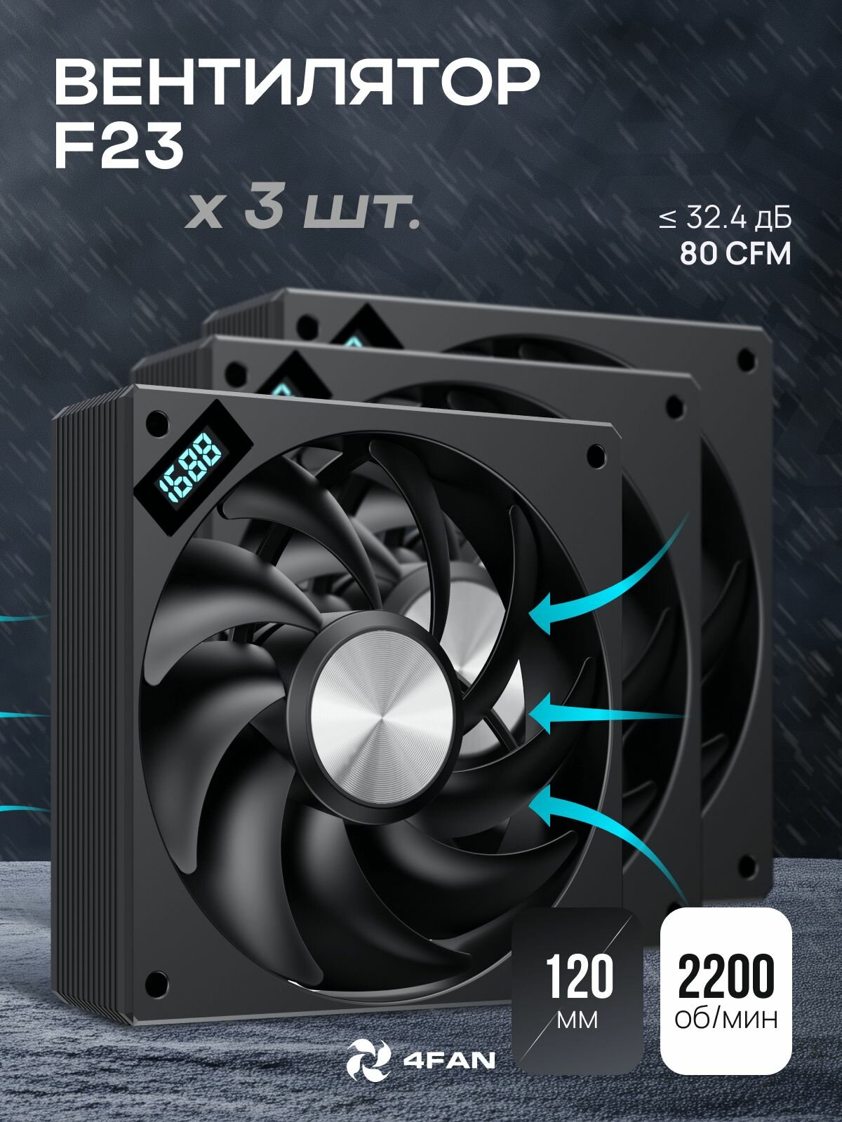 4FAN F23. Комплект 3 в 1: мощные корпусные вентиляторы 3 шт. 120 мм, черный цвет, тихие кулеры для ПК, для геймерской сборки и охлаждения