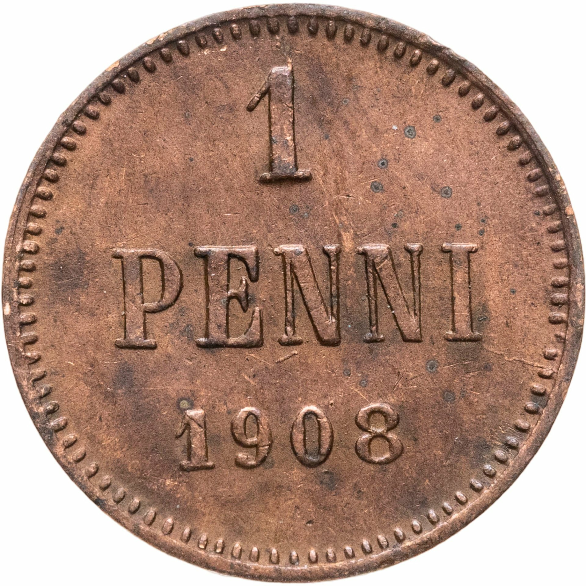1 пенни penni 1908, монета для Финляндии, Медь, в сохранности XF-AU