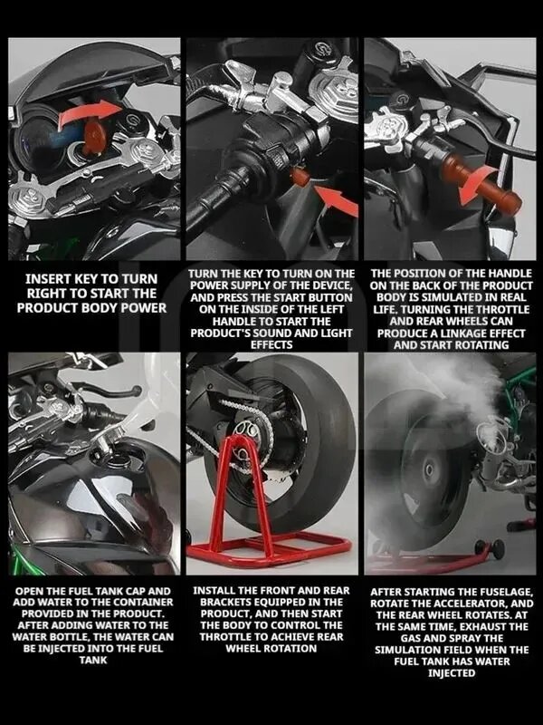 Игрушечный питбайк Kawasaki H2R, металлическая модель мотоцикла, масштаб 1:6, со звуком — фото 1