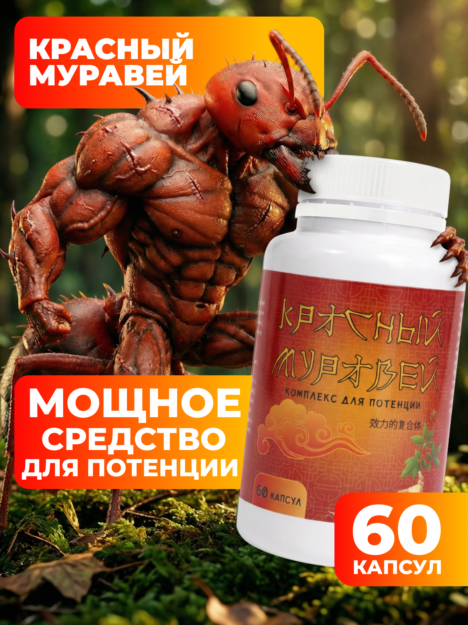 Комплекс для потенции Красный Муравей, активные ингредиенты, натуральный состав, 60 капсул