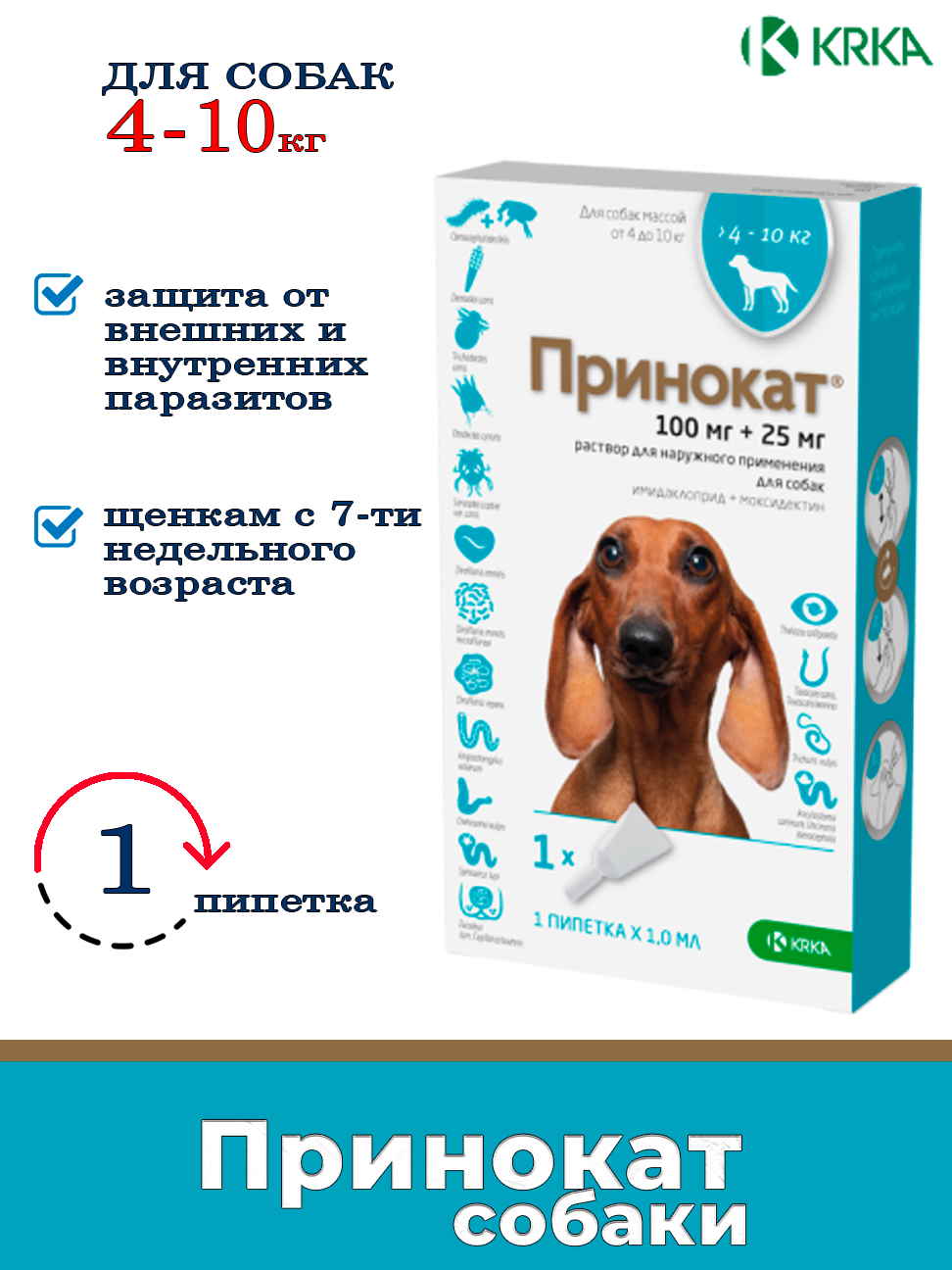 Принокат для собак весом 4-10 кг, 100/25мг, 1мл капли против блох