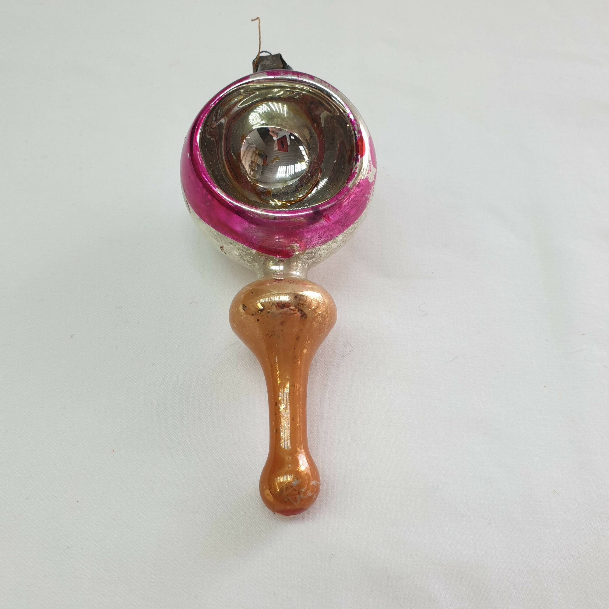 Винтажная елочная игрушка Фонарик-прожектор / погремушка10 см, небольшой скол трубки. СССР.