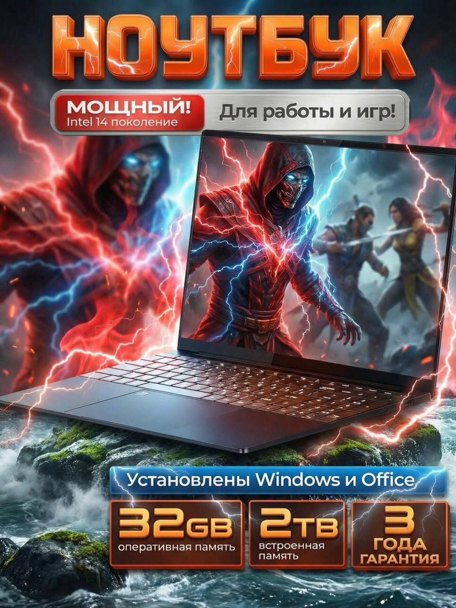 Ноутбук игровой 2026 N-Series, RAM 32GB, SSD 2048GB, IPS + Windows