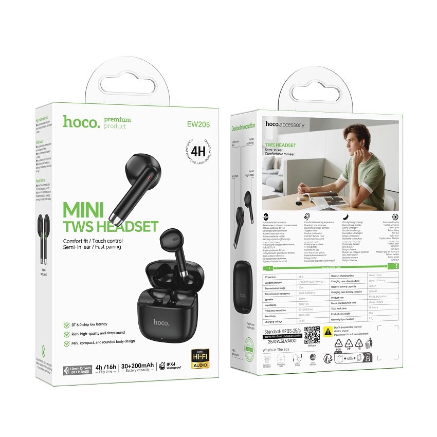 Беспроводные наушники Hoco EW205, Bluetooth 6.0 TWS, цвет Black