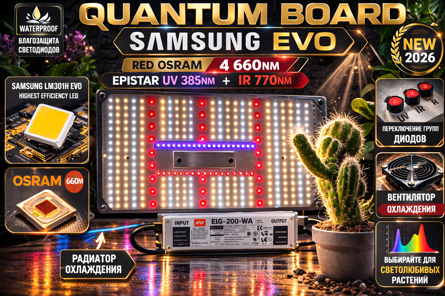 Samsung EVO Quantum Board 200 Ватт LM301H +Osram 4 / Mean well фитолампа / фитосветильник в гроубокс Квантум борд