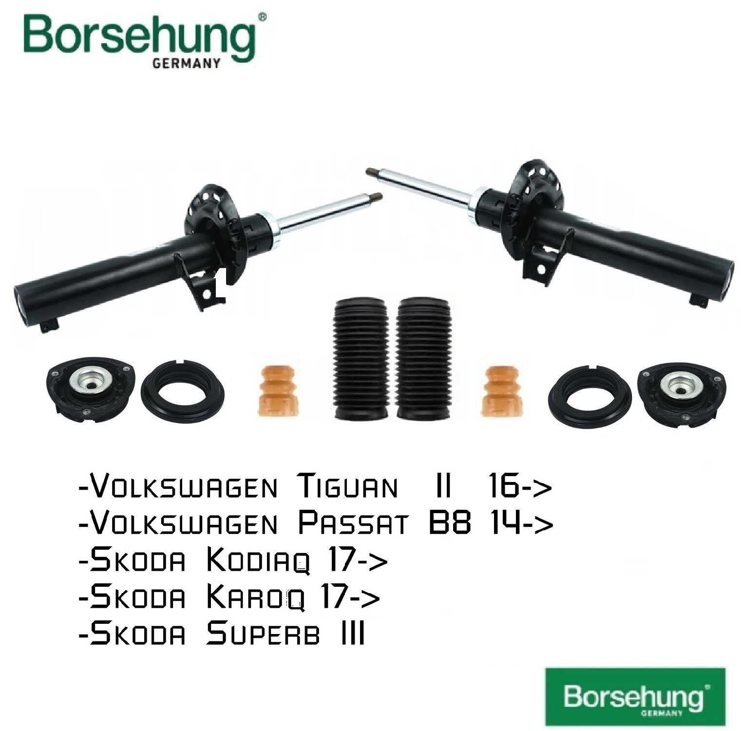 Передние амортизаторы Borsehung (D 55mm) для Volkswagen Tiguan II, Passat B8, Golf 7, Skoda Kodiaq, Karoq, Superb III, A3