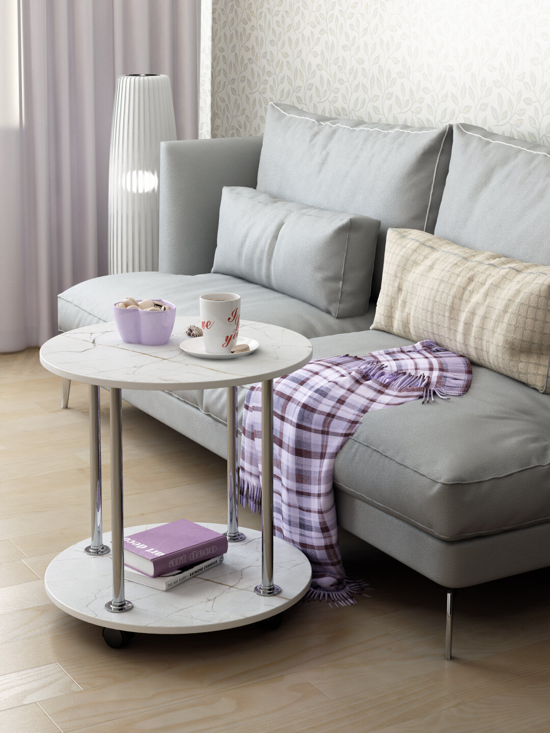 Стол журнальный Прованс . На колесиках. Белый мрамор