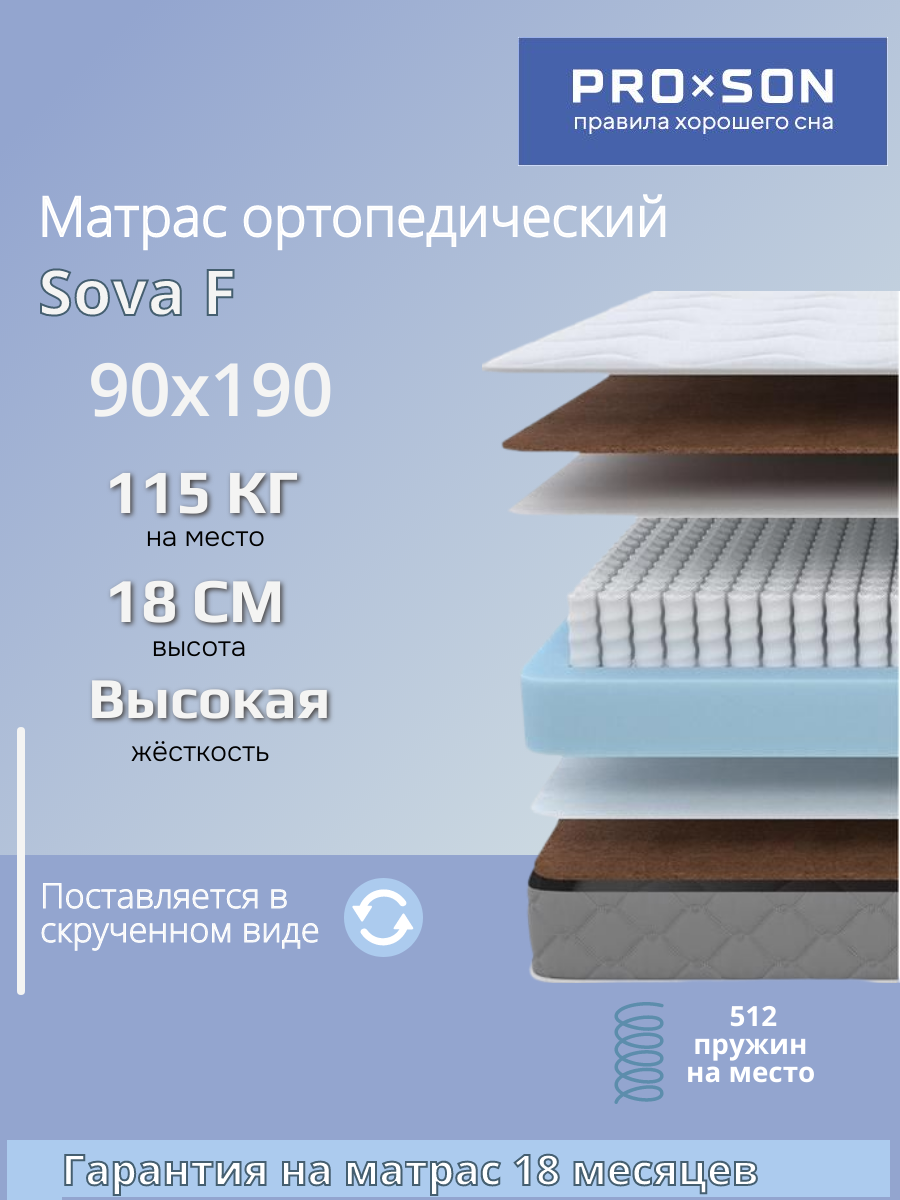 Ортопедический матрас, Анатомический матрас PRO-SON SOVA F, Независимые пружины, 90х190 см