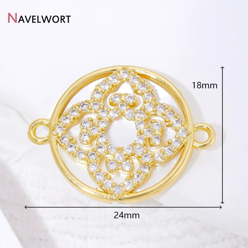 Коннекторы-шармы из латуни с позолотой 18K, круглые, с инкрустацией цирконами 18K gold plated