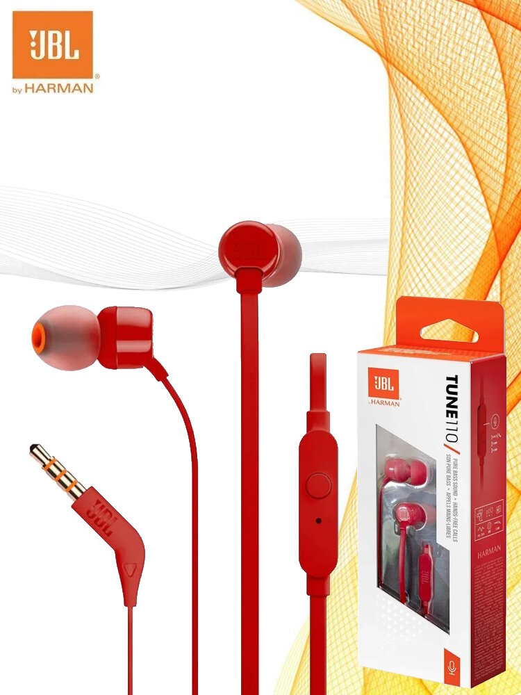 Наушники внутриканальные JBL T110 с микрофоном, 3.5 мм, красный (JBLT110RED)