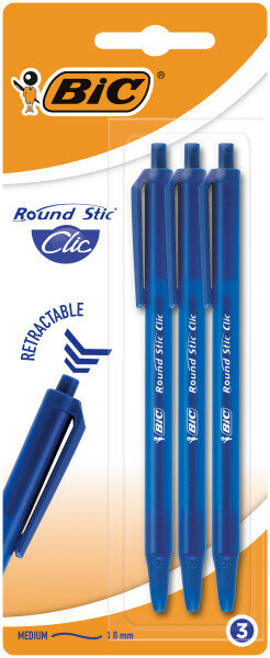 Шариковая ручка BIC классическая автоматическая синяя уп. 3 шт.