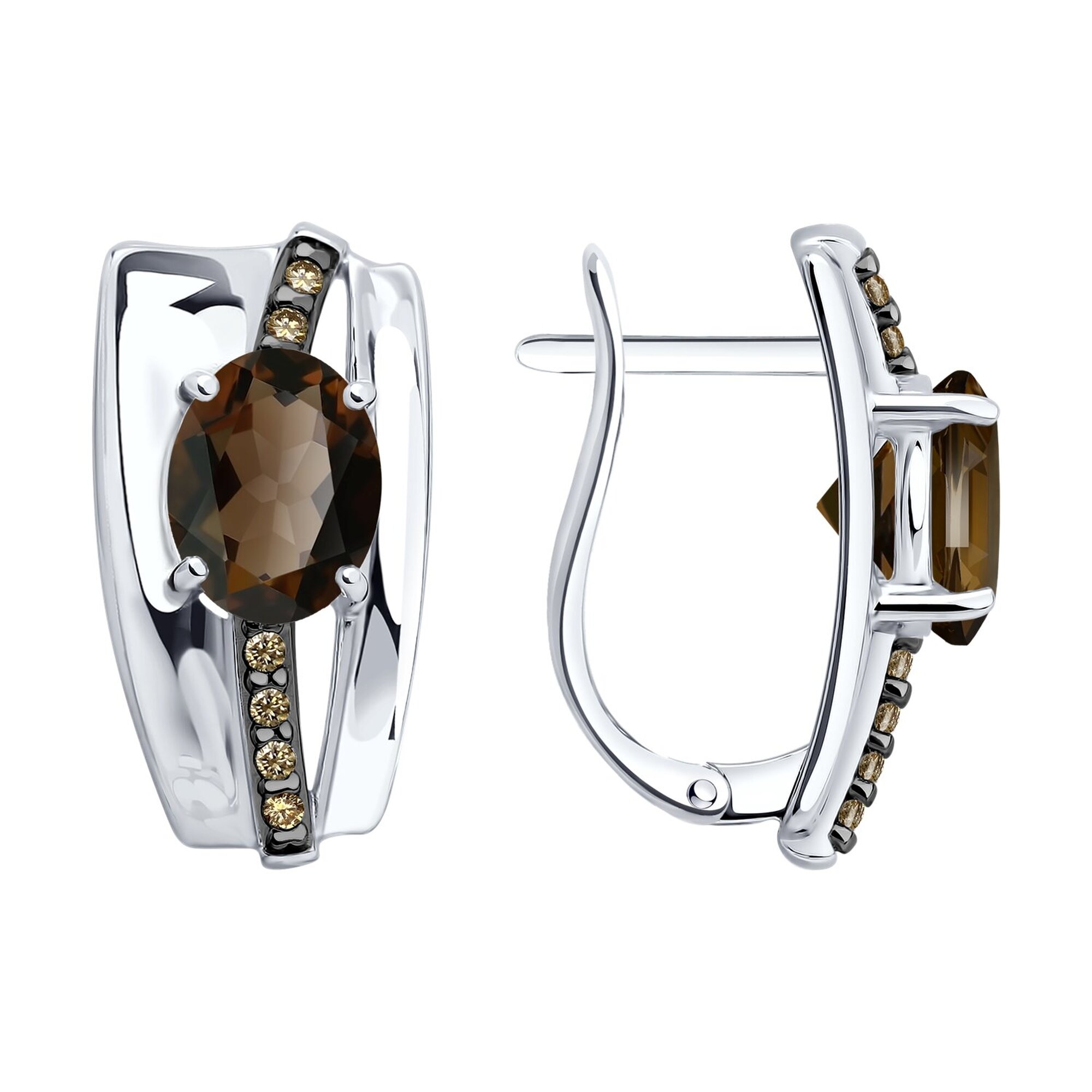 Серьги, серебро, 925 проба, родирование, фианит, раухтопаз