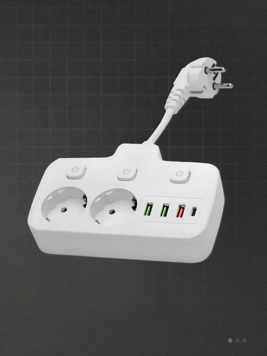 Разветвитель сетевой, USB и Type C, компактный, белый, 2 розетки — фото 1