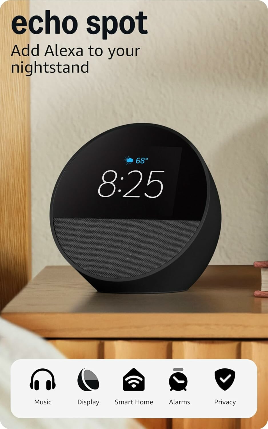 Умная колонка Amazon Echo Spot черный, голосовой помощник Alexa, Wi-Fi Bluetooth