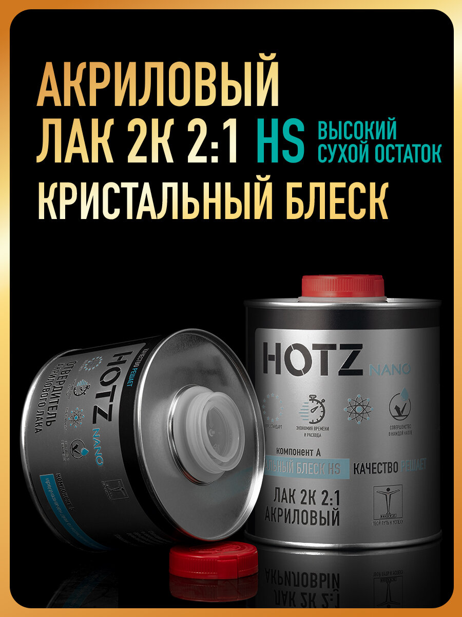 Лак автомобильный акриловый 2К HS кристальный блеск, глянцевый, премиальный, двухкомпонентный HOTZ Комплект (лак: 1 л + отвердитель: 0,5 л)