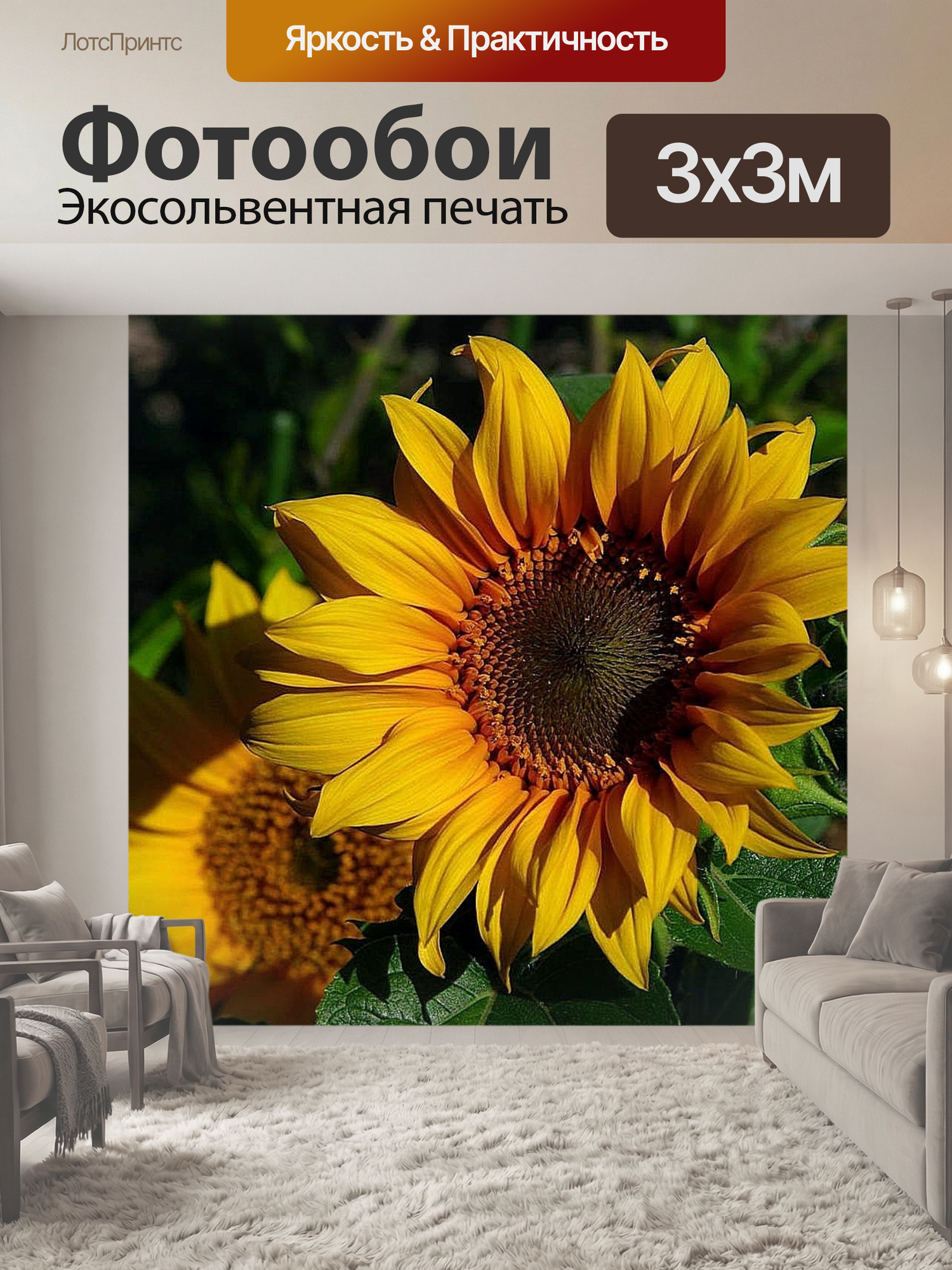 Фотообои "Подсолнухи, цветы, растения" 300x300 см. экосольвентная печать