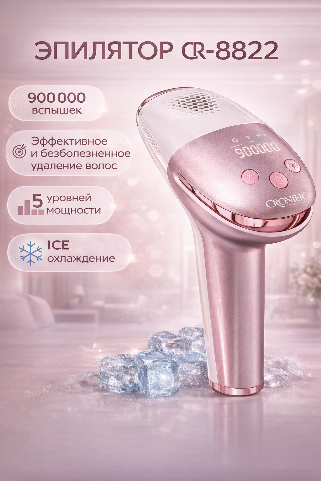 Фотоэпилятор CR-8822 IPL с охлаждением ICE, 900000 вспышек, 5 уровней мощности — магазин ElektroBit