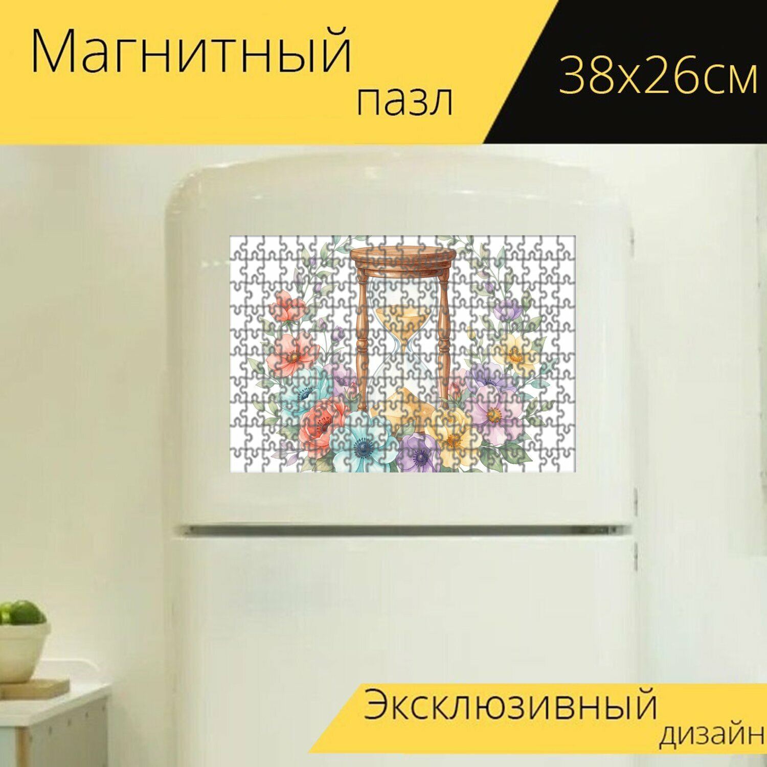 Магнитный пазл "Песочные часы с цветочным венком. Нежная акварельная композиция: прозрачный хронометр с золотистым песком, окружённый пастельными садовыми." для интерьера, 38х26 см.