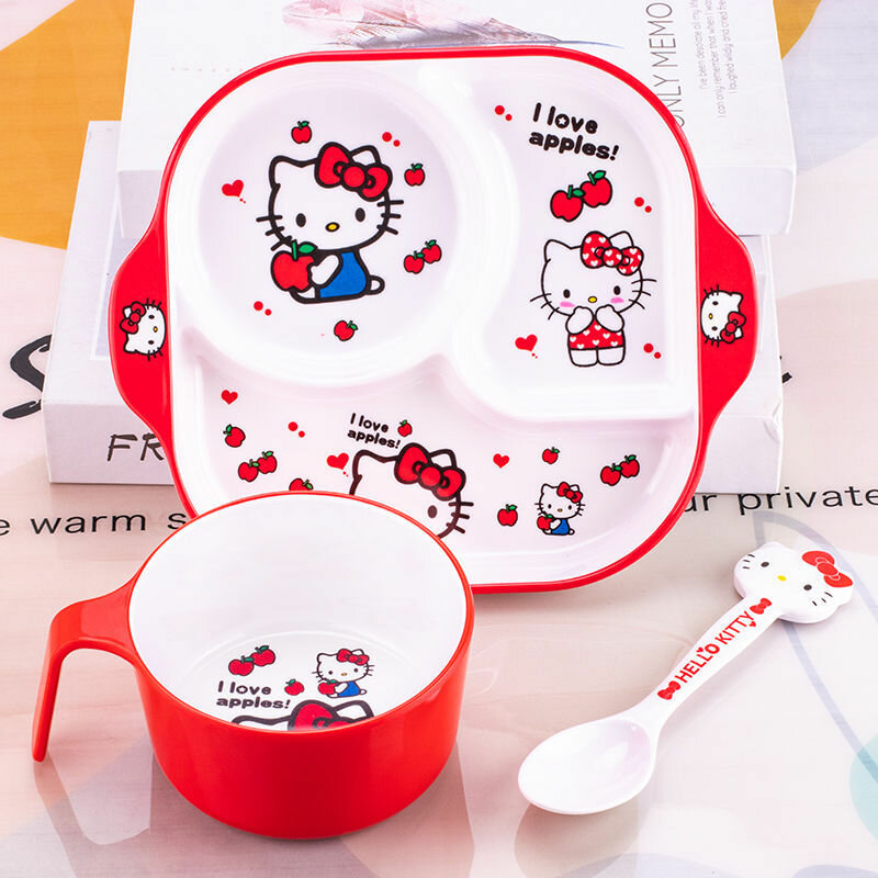 Детская посуда с мультяшным рисунком, миска с ручкой Hello Kitty, тарелка с разделителями для школьников, ударопрочная и противоожоговая миска и кружка.