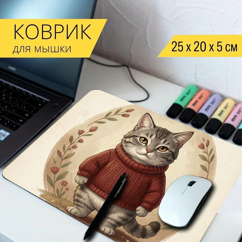Коврик для мыши с принтом "Серый полосатый кот в свитере. Милая иллюстрация домашнего питомца в вязаном бордовом джемпере, среди нежных цветов и листьев. Винтажный стиль." 25x20см.