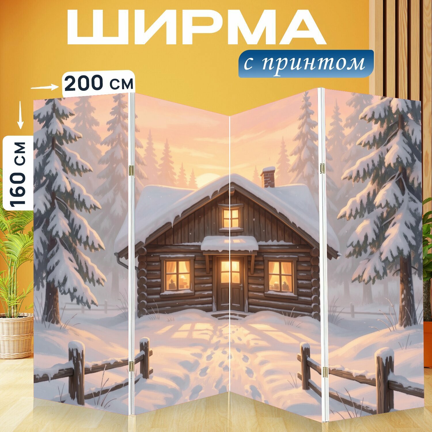 Ширма "Зимняя лесная избушка на рассвете. Уютный деревянный домик среди заснеженных елей, светящиеся окна." перегородка для зонирования комнаты с принтом 200x160 см. на холсте
