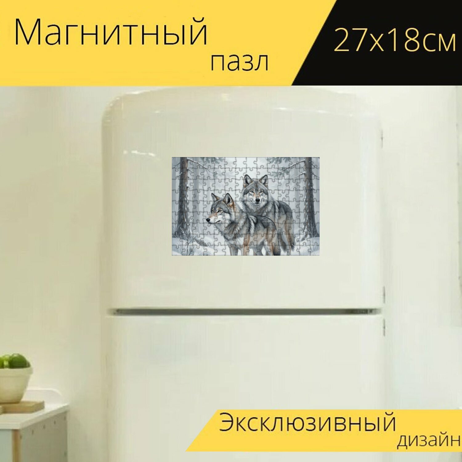 Магнитный пазл "Пара волков в зимнем лесу. Серые хищники среди заснеженных сосен в туманной чаще. Реалистичная иллюстрация в холодных бело-серебристых." на холодильник 27 x 18 см.