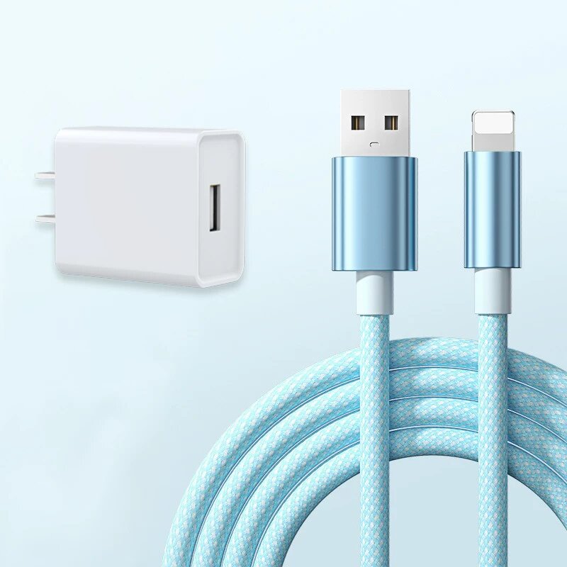 20 Вт PD быстрая зарядка + синий толстый оплетенный кабель Apple USB 1 м для iPhone 15/14/13 Pro Max