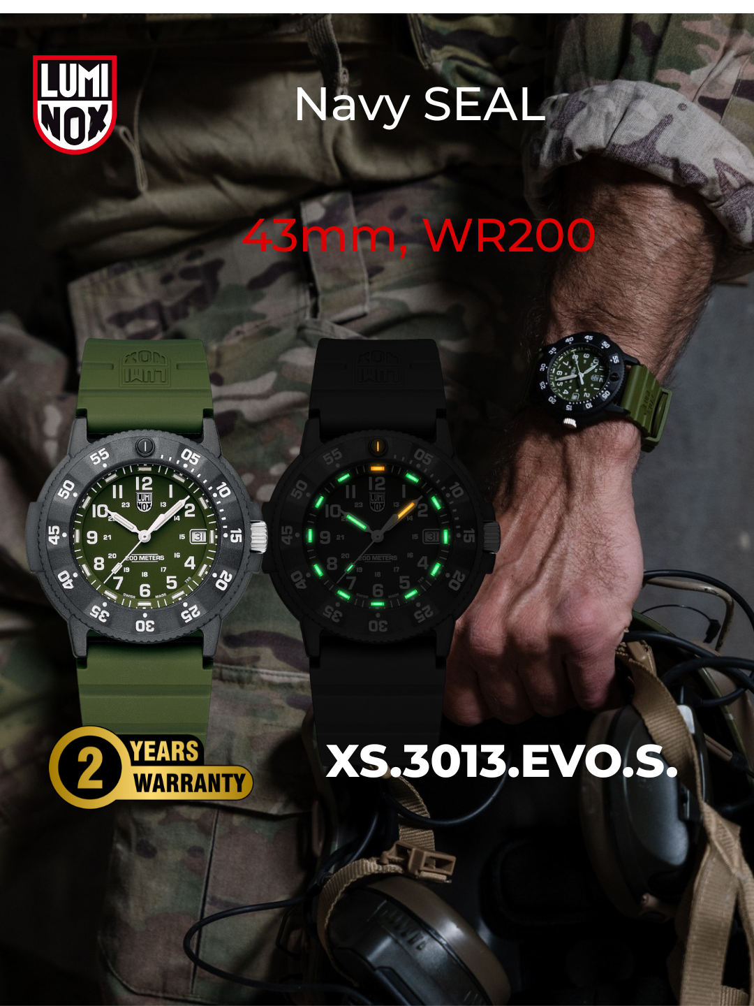 Наручные часы Luminox NAVY SEAL,43mm, тритиевые трубки, Водонепроницаемые 200м , Гарантия 2 года, XS.3013. EVO. S