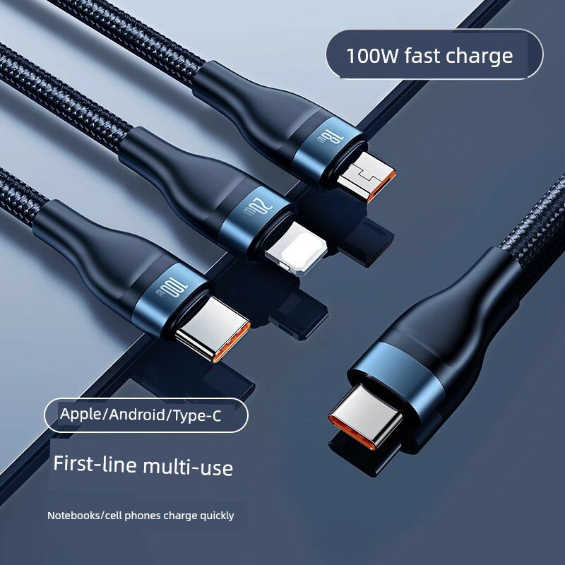 Кабель 100 Вт быстрой зарядки 3 в 1 USB-C для iPhone, Android, iPad, 1,5 м, синий