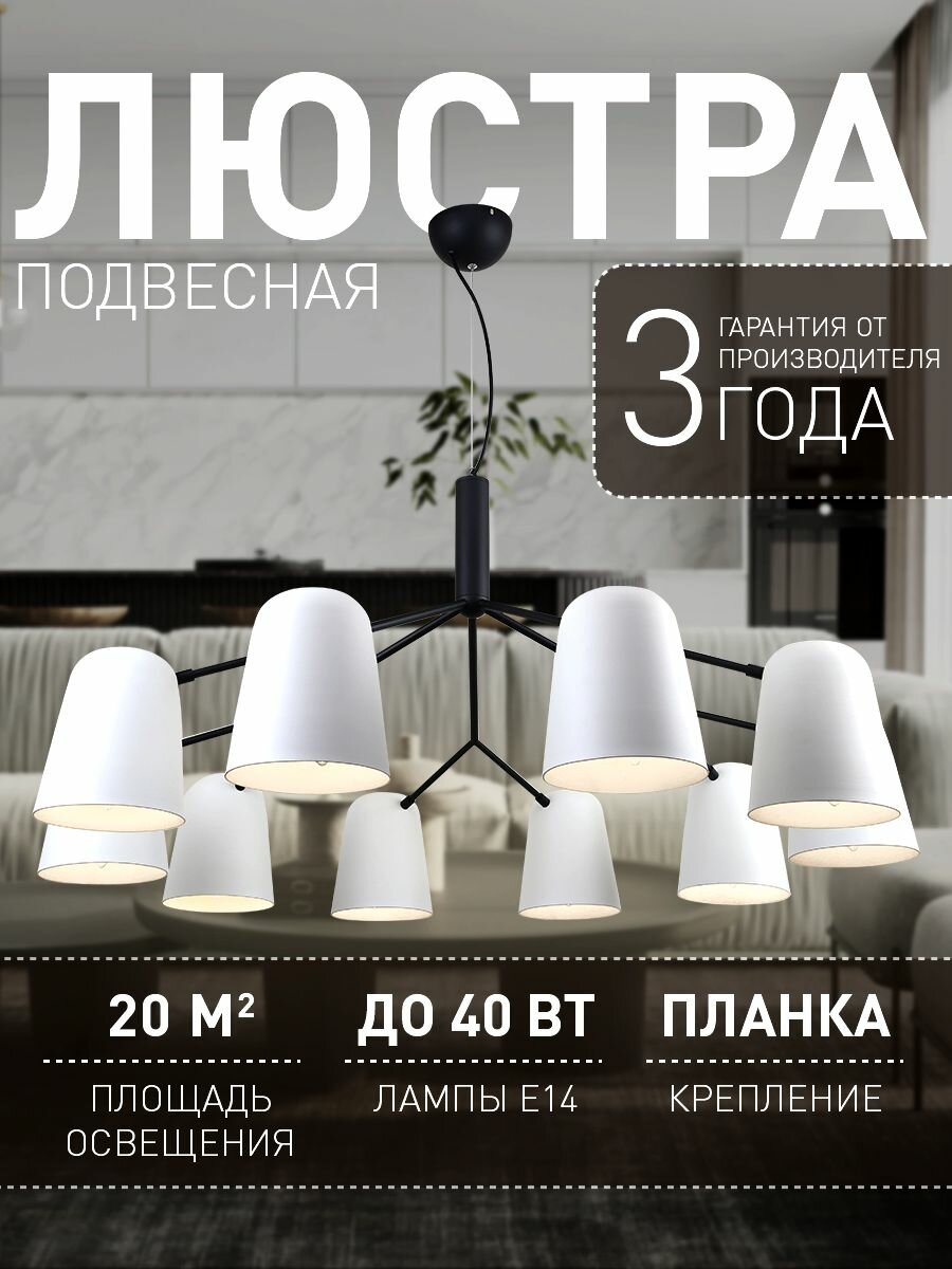 Подвесная люстра с регулировкой высоты Favourite 2762-10P, 20 кв м, E14 накаливания люминесцентная 40 Вт, 3000 K теплый белый, IP20, металл
