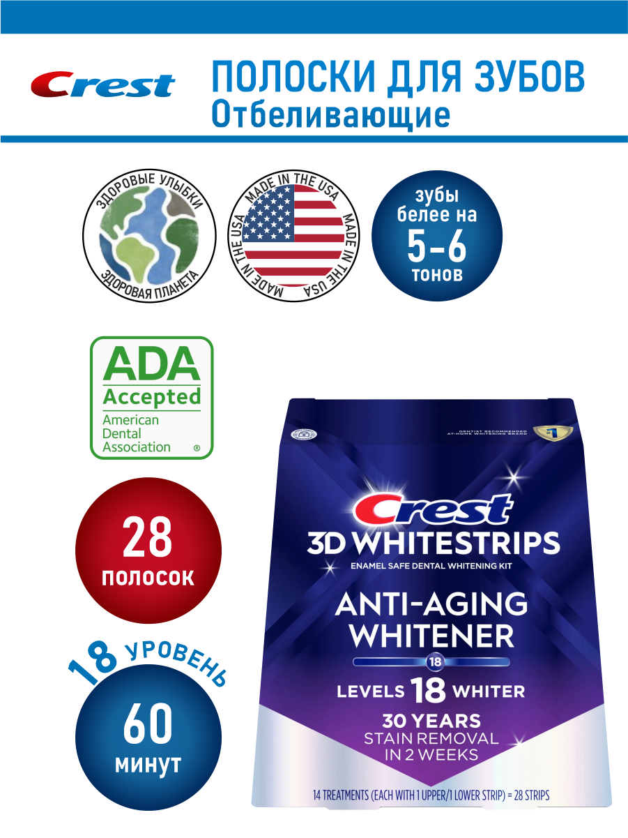 Отбеливающие полоски для зубов Crest 3D Whitestrips Anti-Aging 28 шт./уп.