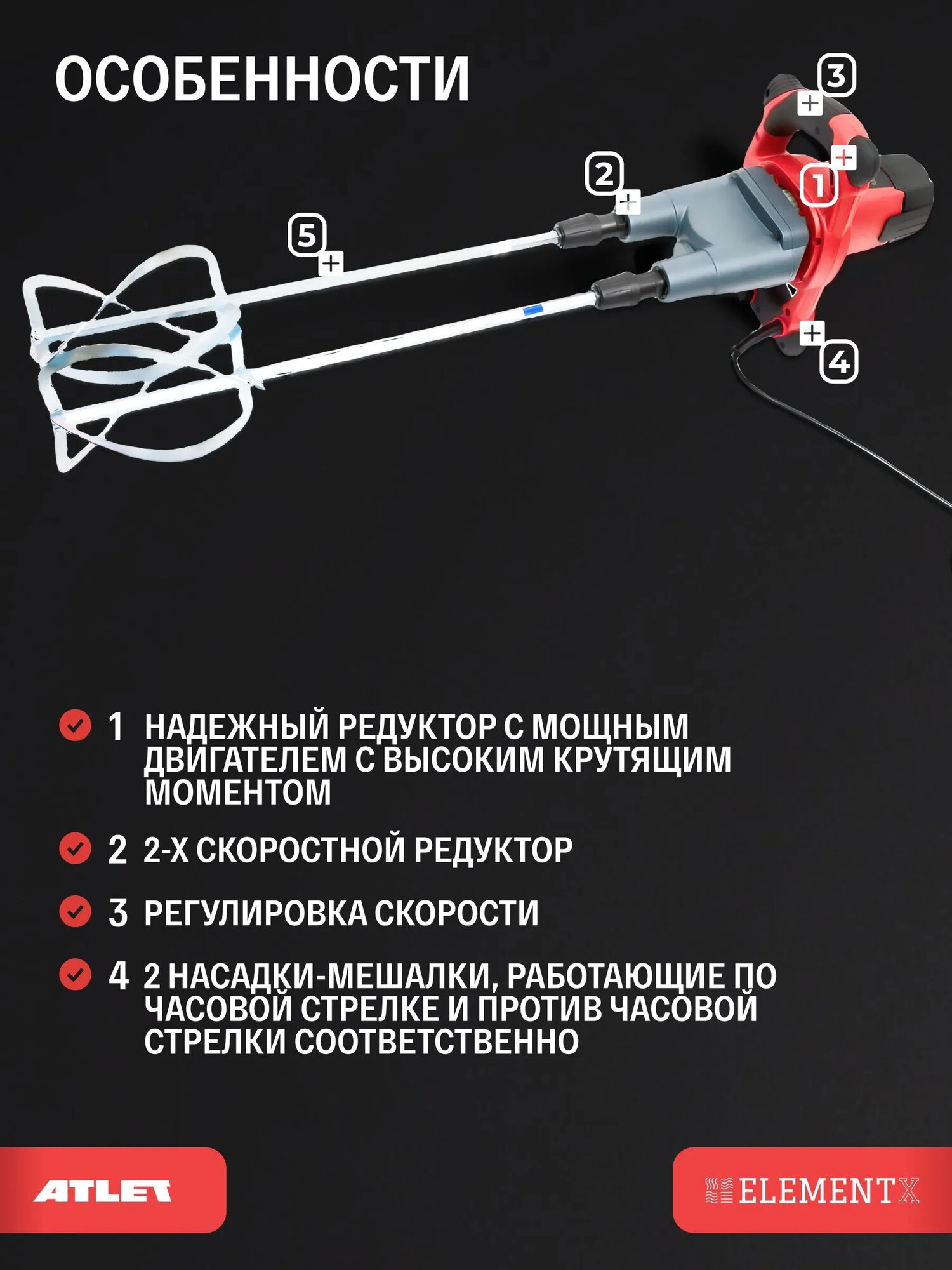 Электрический миксер ATLET PHM160N предназначен для приготовления строительных растворов и смесей — фото 1