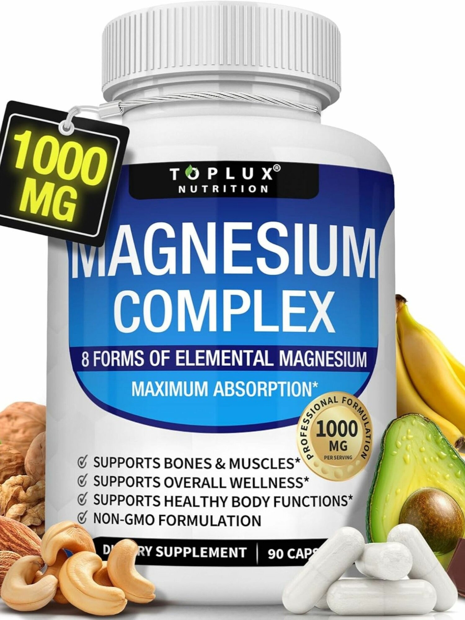 Магниевый комплекс 1000 мг Toplux Nutrition Magnesium Complex 8 форм магния (цитрат, глицинат, малат, таурат и др.), для сна, мышц и сердца, 90 капсул