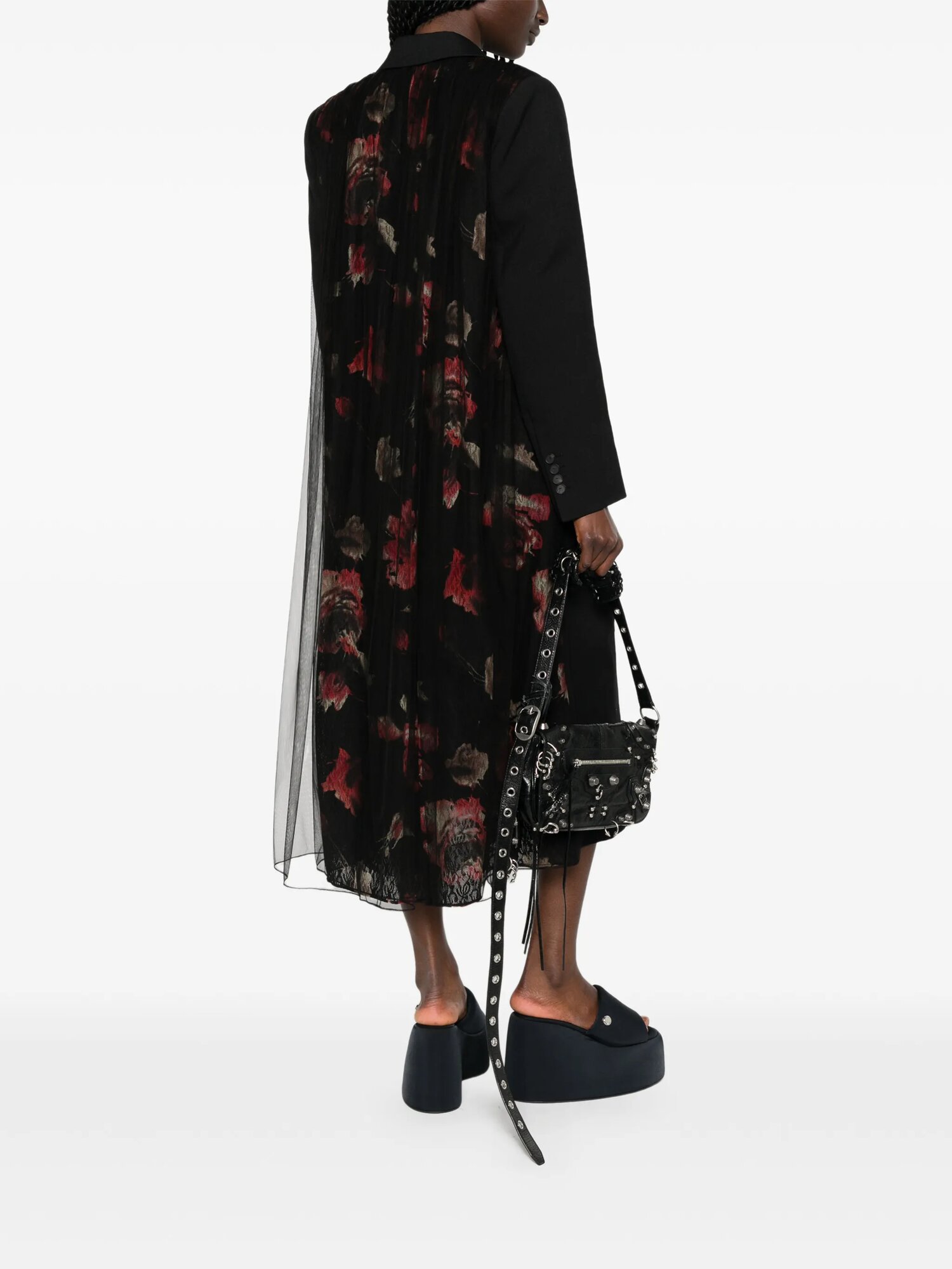 Пальто QUETSCHE Floral-print tulle-panel coat, размер 40, black / black — фото 1