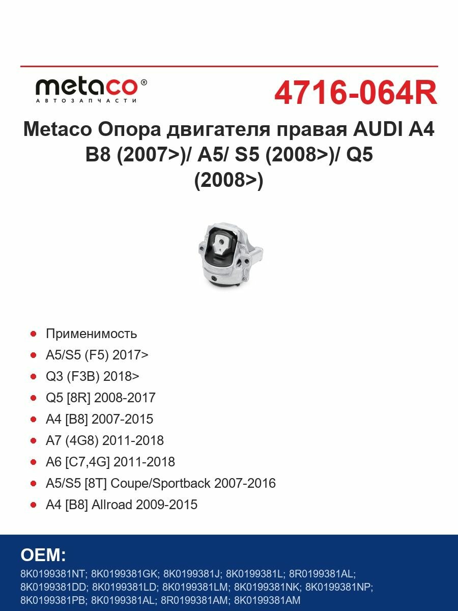 Metaco Опора двигателя правая AUDI A4 B8 (2007>)/ A5/ S5 (2008>)/ Q5 (2008>)