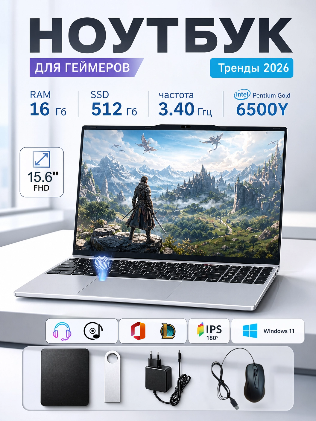 Ноутбук для работы и учебы,15.6" Intel Pentium Gold 6500Y ,3,4 ГГц,1920x1080 IPS,16GB RAM SSD 512GB Windows 11 PRO