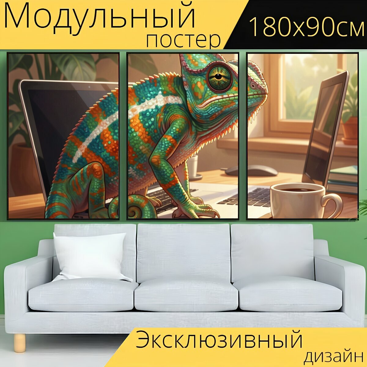 Модульный постер "Хамелеон на рабочем месте. Пестрая рептилия сидит на открытом лэптопе у окна, рядом чашка кофе и комнатные растения." 180 x 90 см. для интерьера на стену в тубусе