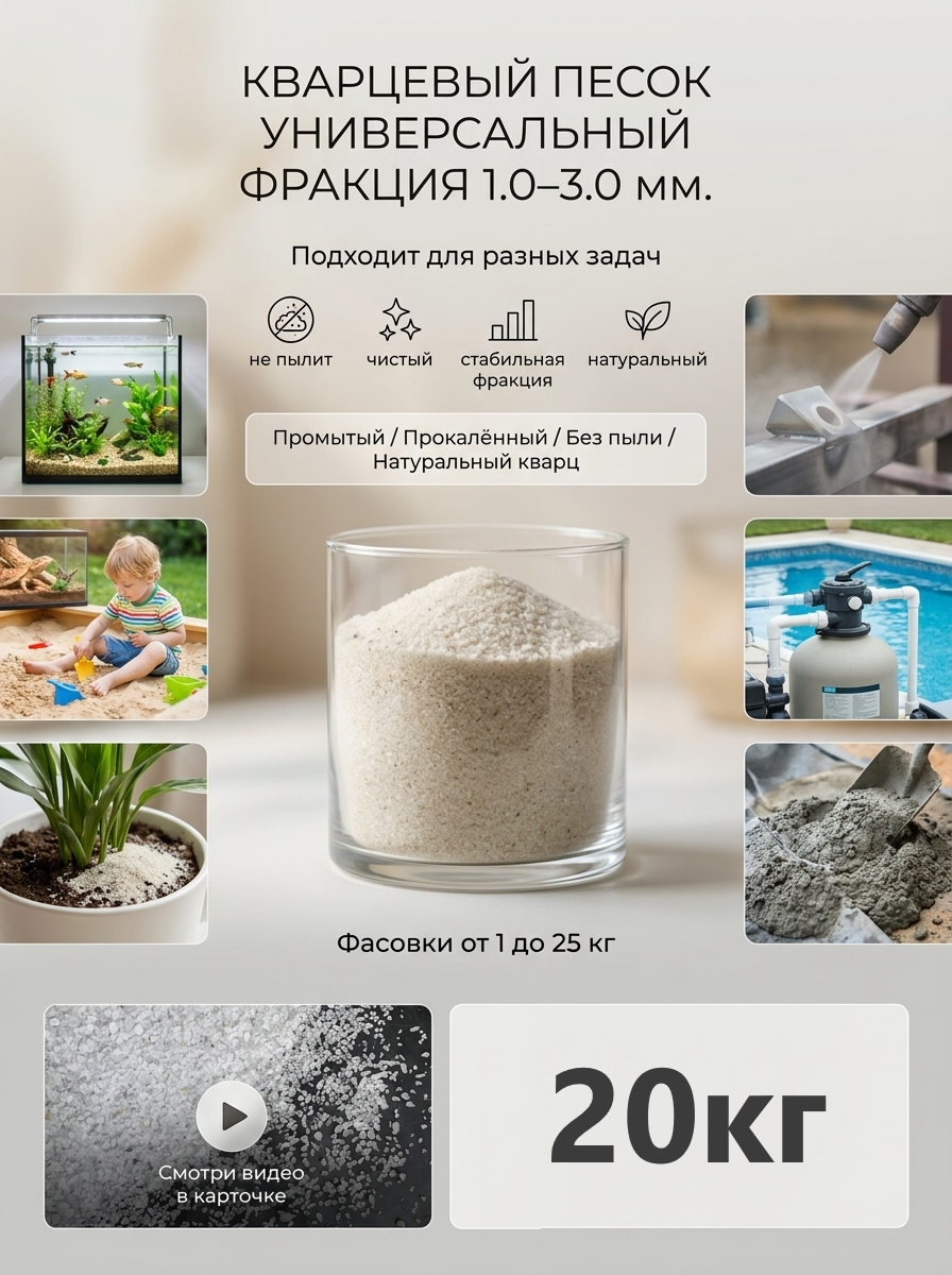 Кварцевый песок 1.0-3.0 мм, натуральный кварц, универсальный, средняя фракция, сухой чистый песок, 20 кг
