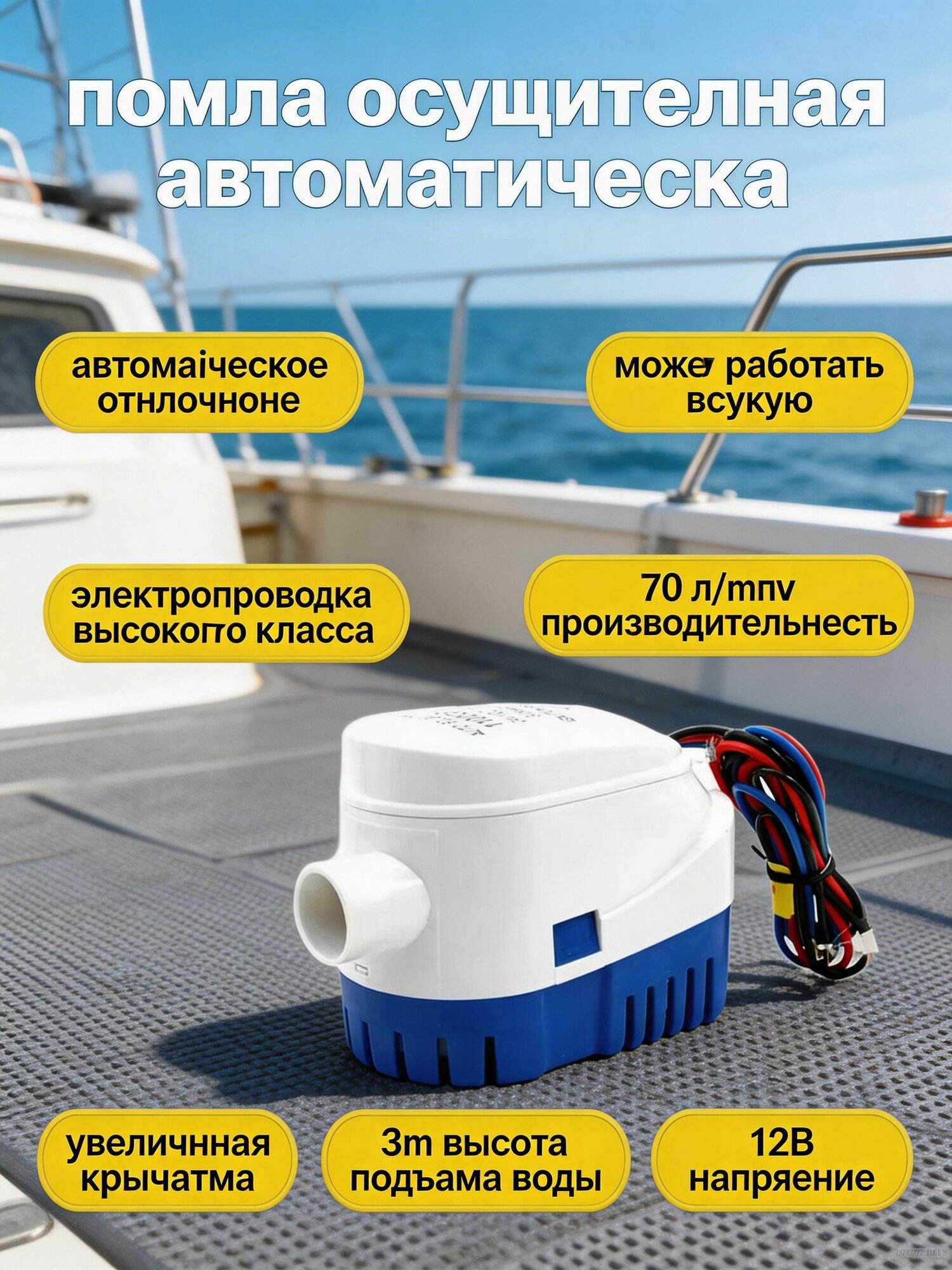 Помпа для лодки 12 вольт трюмная 70 л/мин осушительная для откачки воды 1100GPH 12в / Водяной насос погружной 12v лодочный электрический трюмный