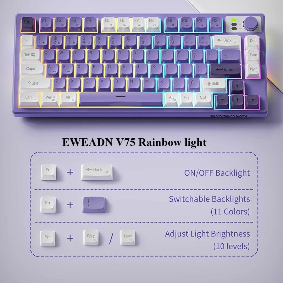 EWEADN V75 Беспроводная клавиатура, 75%-ная компактная перезаряжаемая беспроводная клавиатура, RGB-подсветка, Bluetooth 2.4G Mini Cute Creamy Keyboard