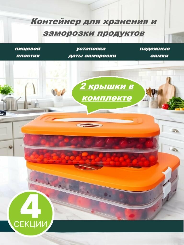 Контейнер для хранения и заморозки ягод, пельменей, 4 секции