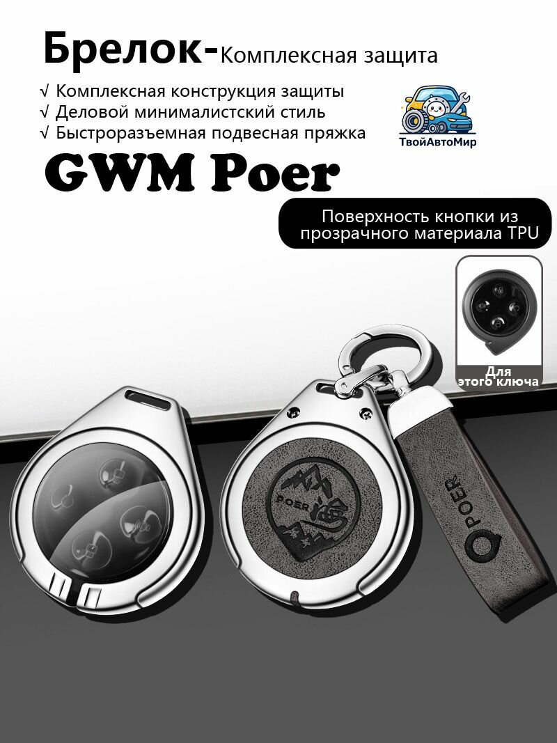 Чехол для ключа Грейт Вол Great Wall Poer 2019-2026, кожаный футляр из сплава для круглого смарт-ключа Грейт Вол Great Wall Poer / King Kong Poer / Sahar, защитный автоаксессуар