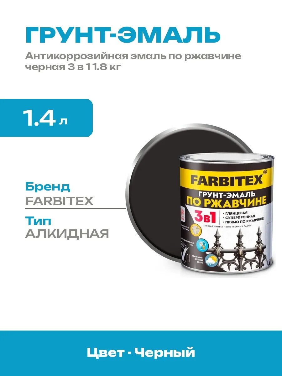 Черная грунт эмаль 3 в 1 по металлу для наружных работ 1.8кг