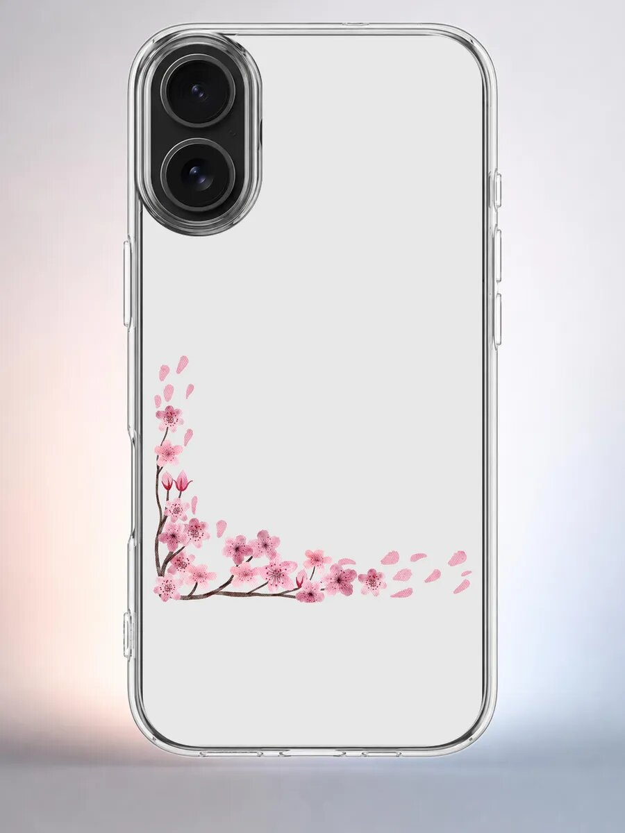 Чехол iPhone 16 рамка сакура силиконовый прозрачный